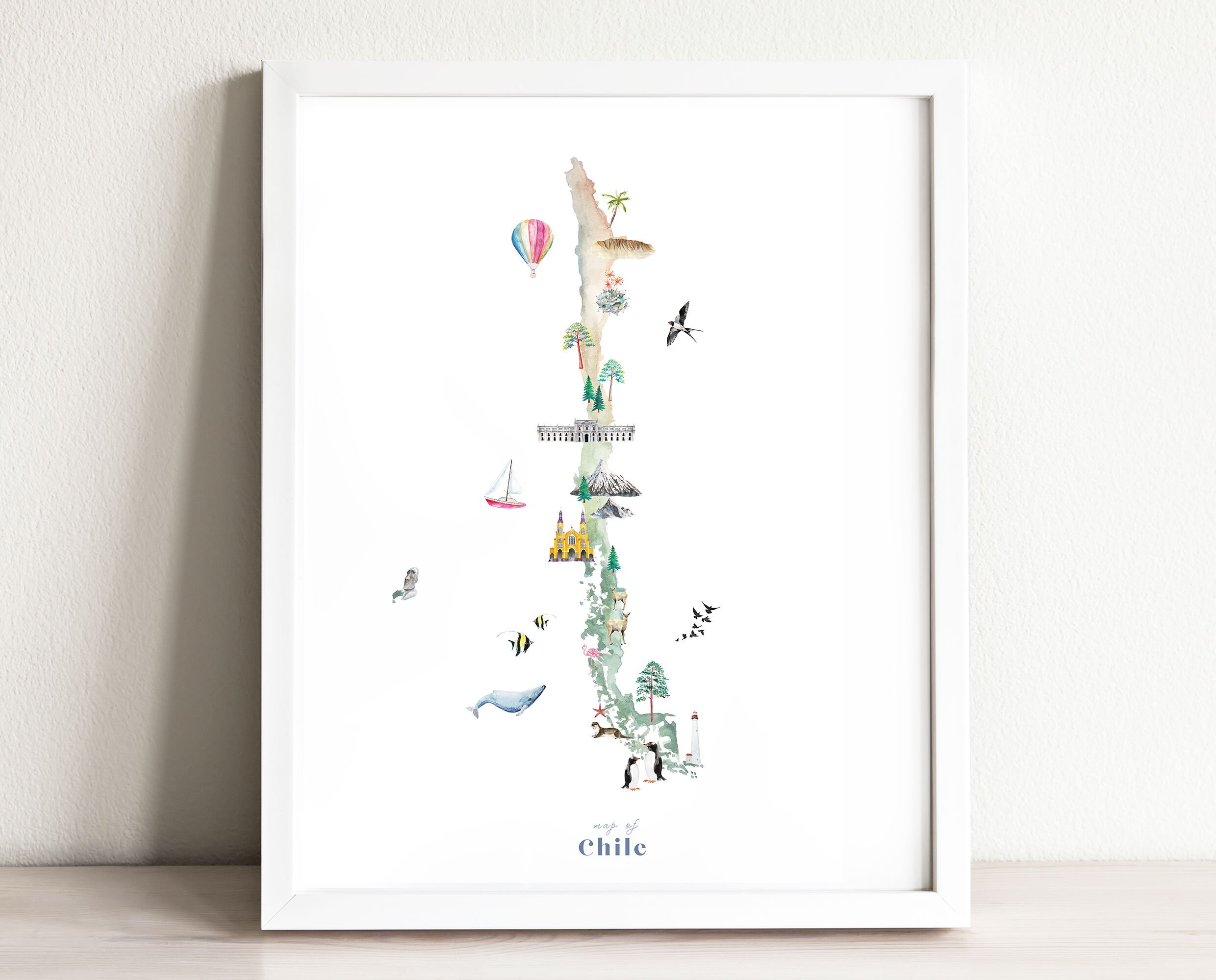 Chile Map Art Print Illustrated Home Decor Travel Poster | Etsy