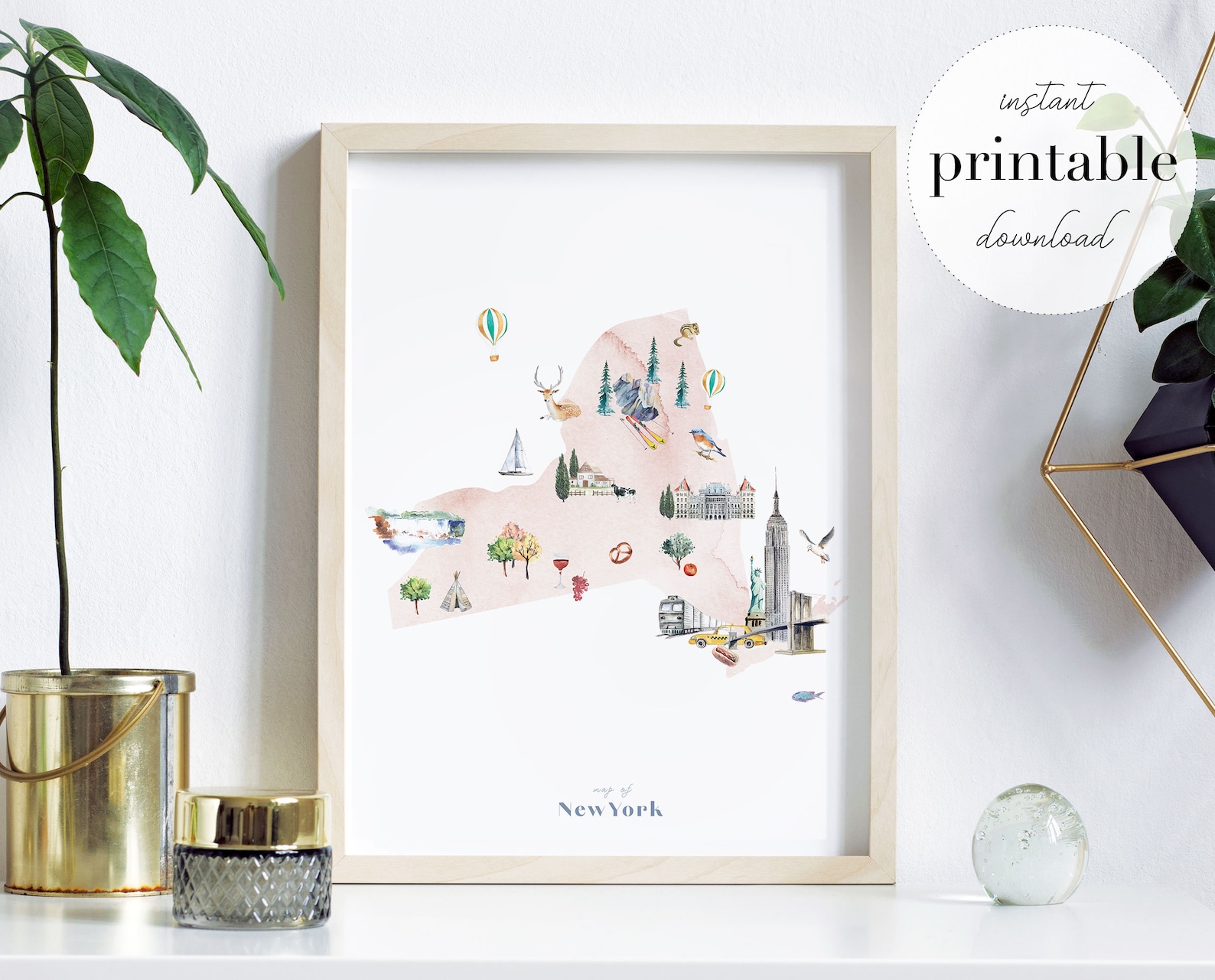 New York Printable State Map illustrated wall art print | Etsy