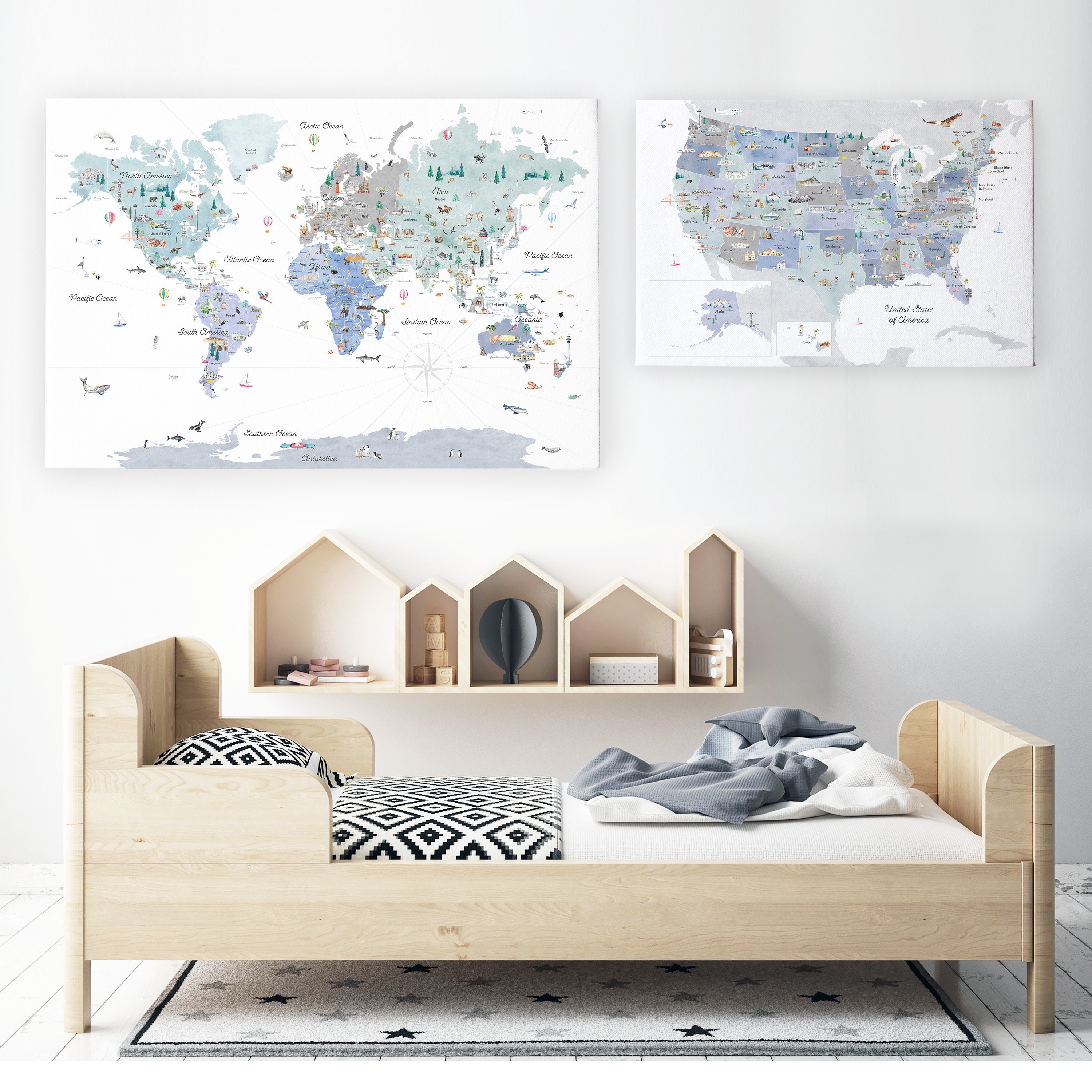 Canvas Cool Tones Educational World Map | Travel Wall Art | Kids World ...