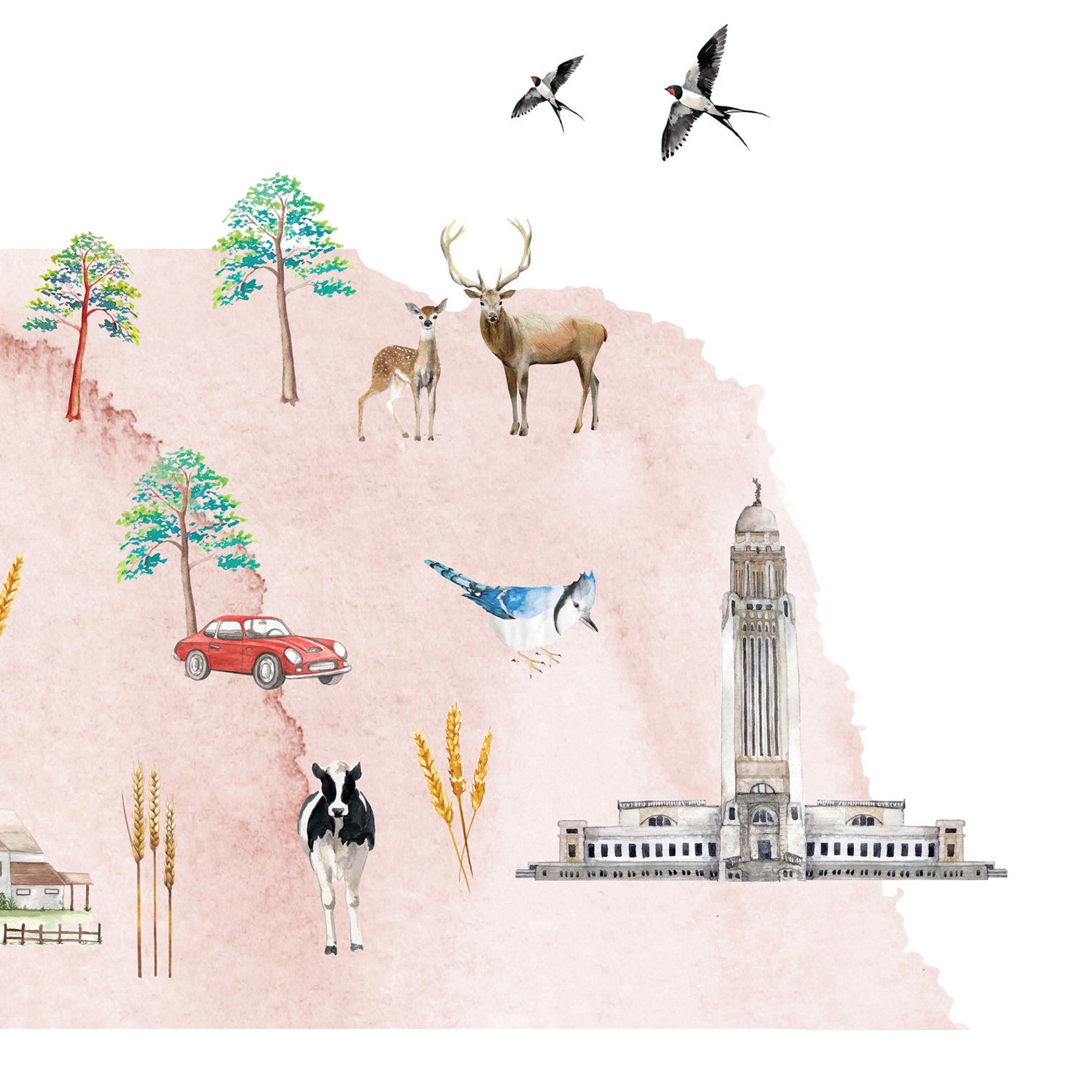 Nebraska Illustrated State Map Wall Art Print Nursery Decor | Etsy