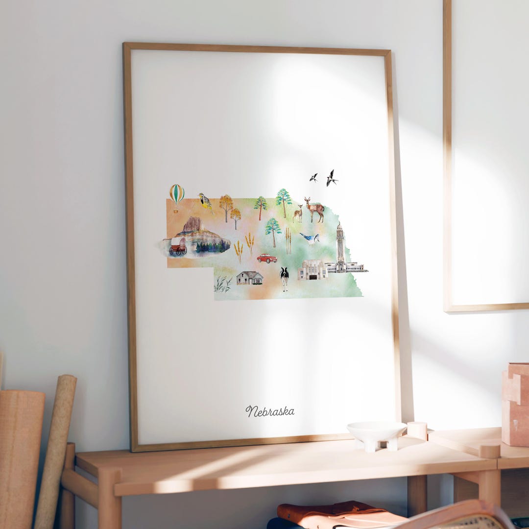Nebraska Printable State Map, Illustrated Wall Art Print, Nursery Decor ...