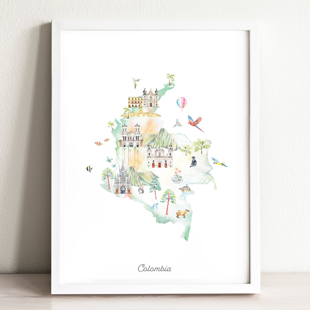 Colombia Map Art Print Illustrated, Watercolor Decor, Country Map ...