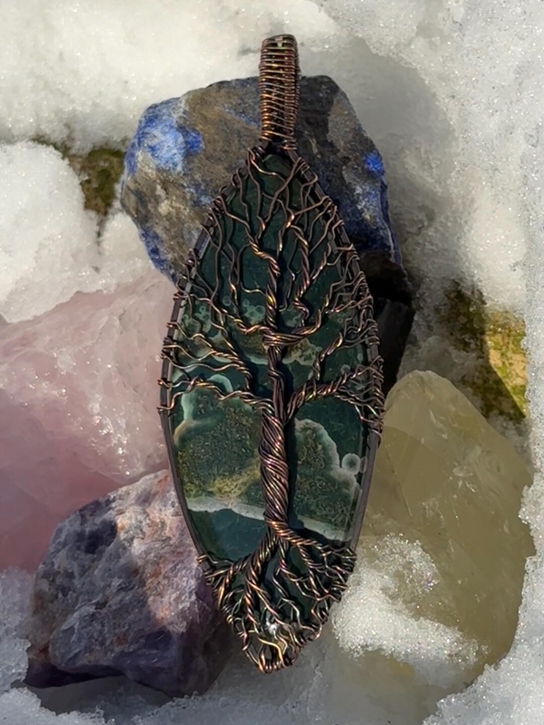 Green Ocean Orbital Jasper Tree of Life Pendant Jewelry Handmade Copper ...
