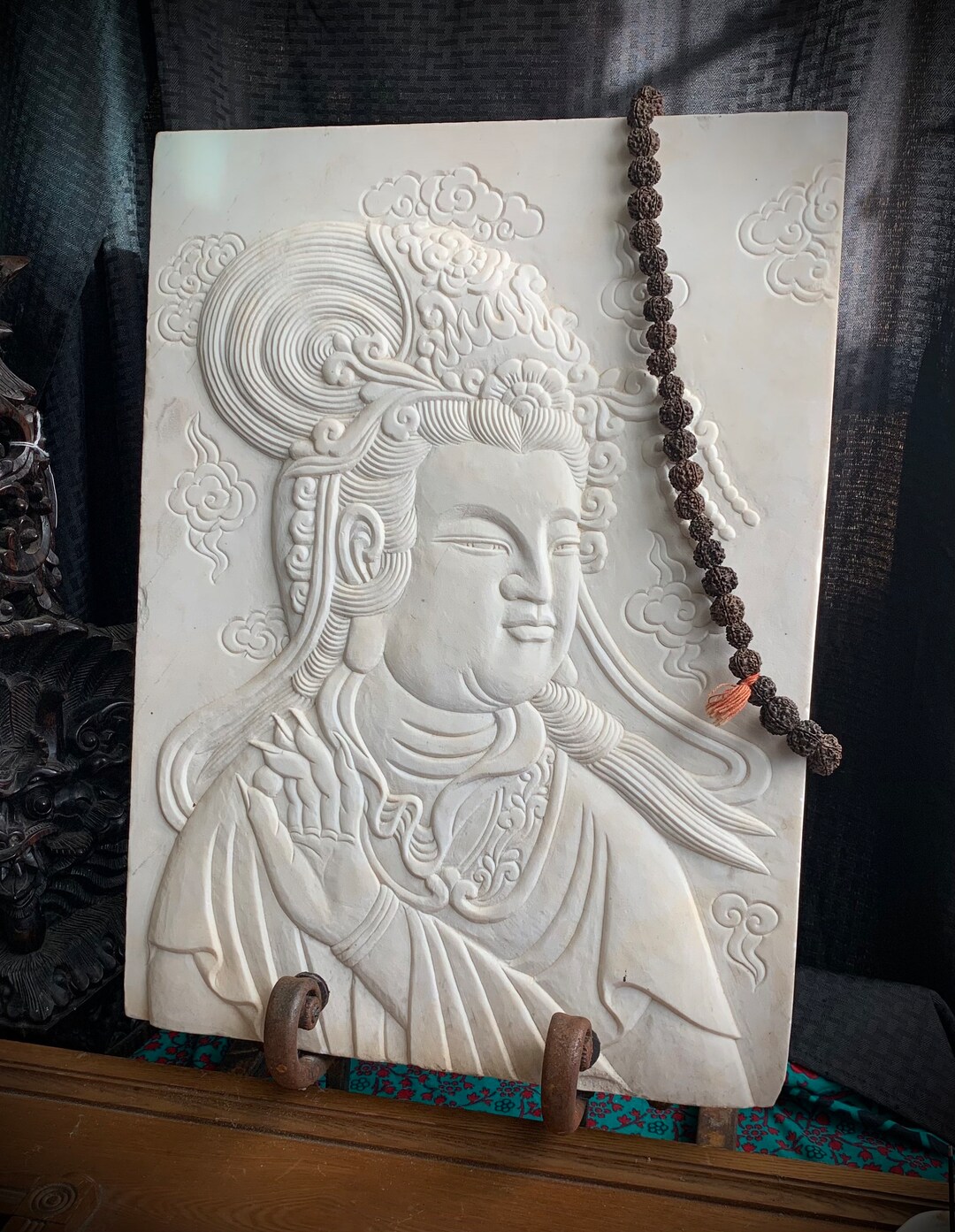 Vintage Buddha Relief Carving. White Marble Guan Yin W Custom Display ...