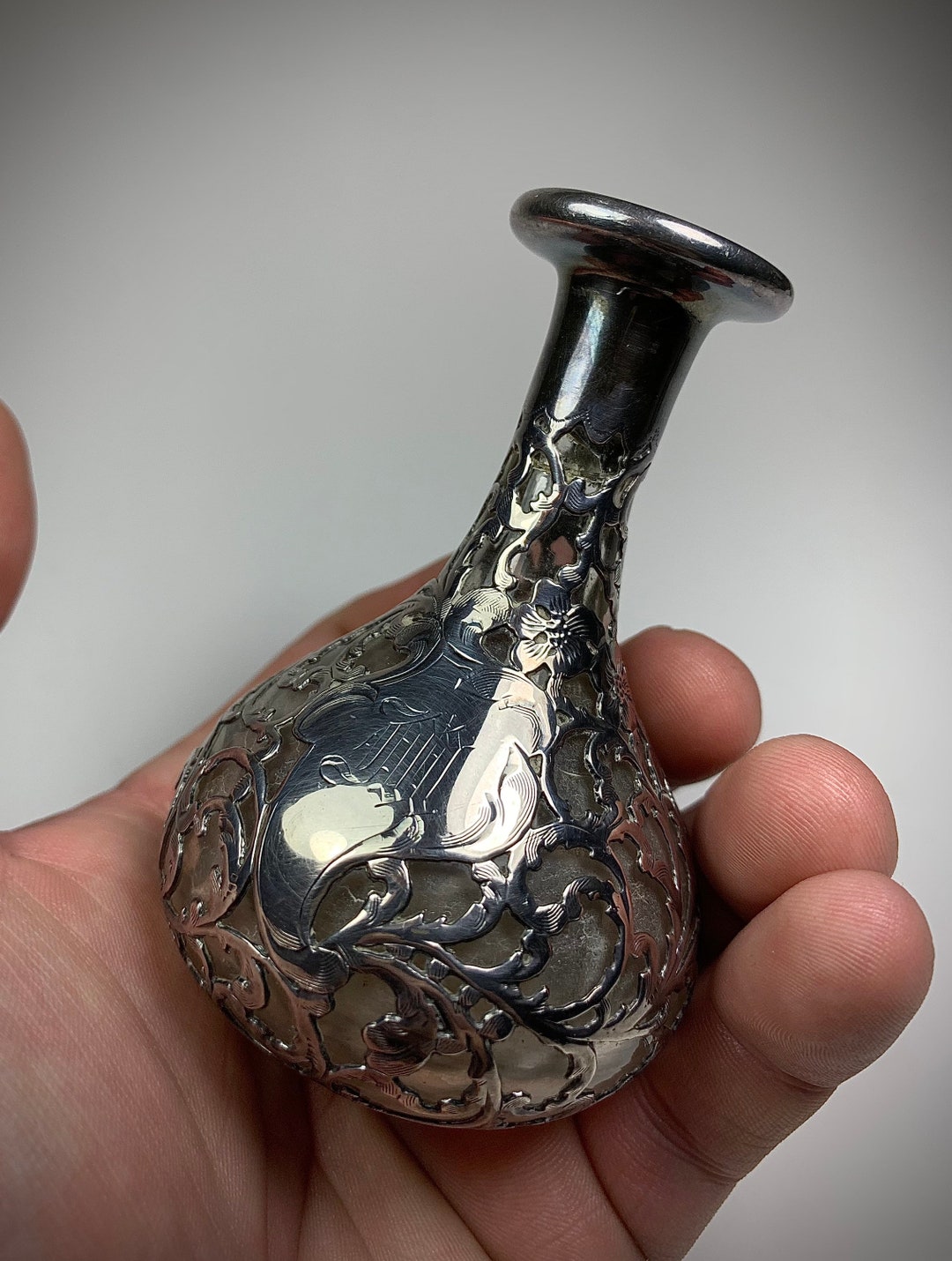 Antique Sterling Silver Perfume Bottle Vase. Decorative Floral Design ...