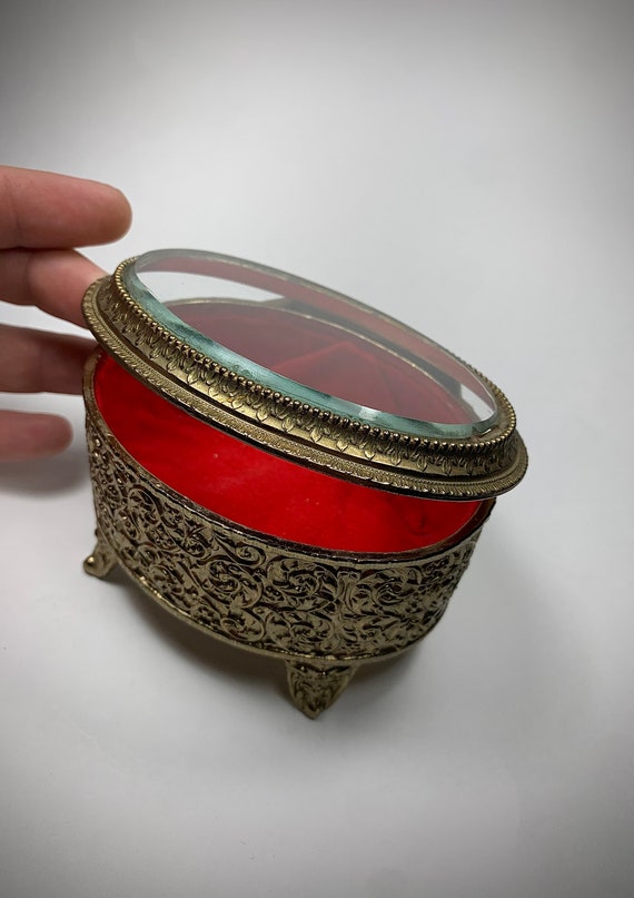 Antique. Gold Glass Lid Trinket / Jewelry Box - Gem