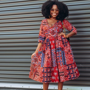 African Print V Neck Red Dress - Etsy