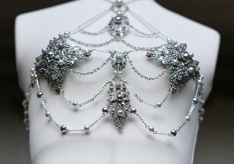 Pearl And 925 Sterling Plated Body Chain Bra Matching Epaulette Etsy
