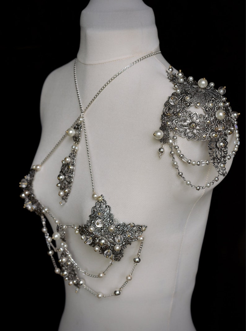 Pearl And 925 Sterling Plated Body Chain Bra Matching Epaulette Etsy