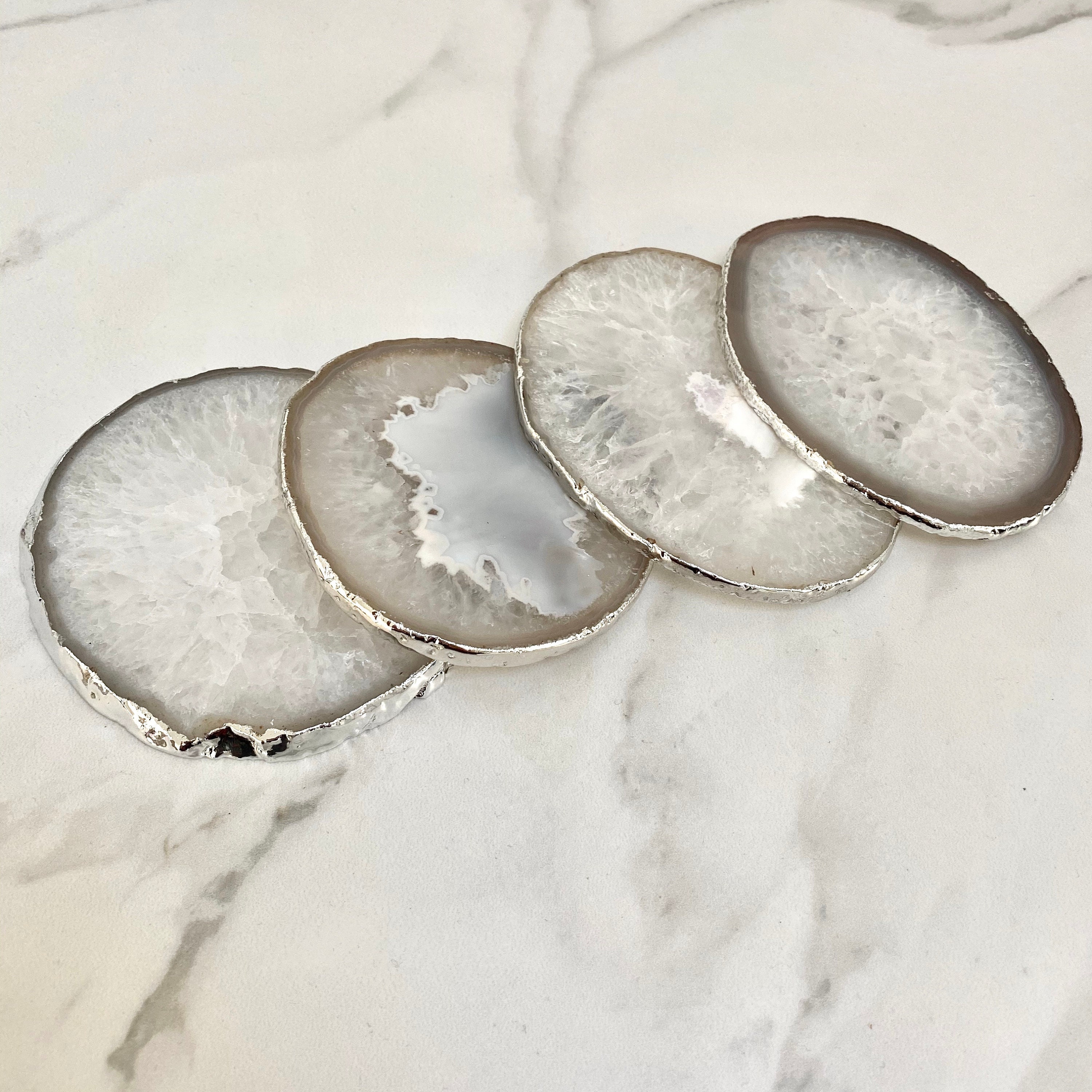 Natural White Agate Crystal Coasters With Silver Glided Edge ...