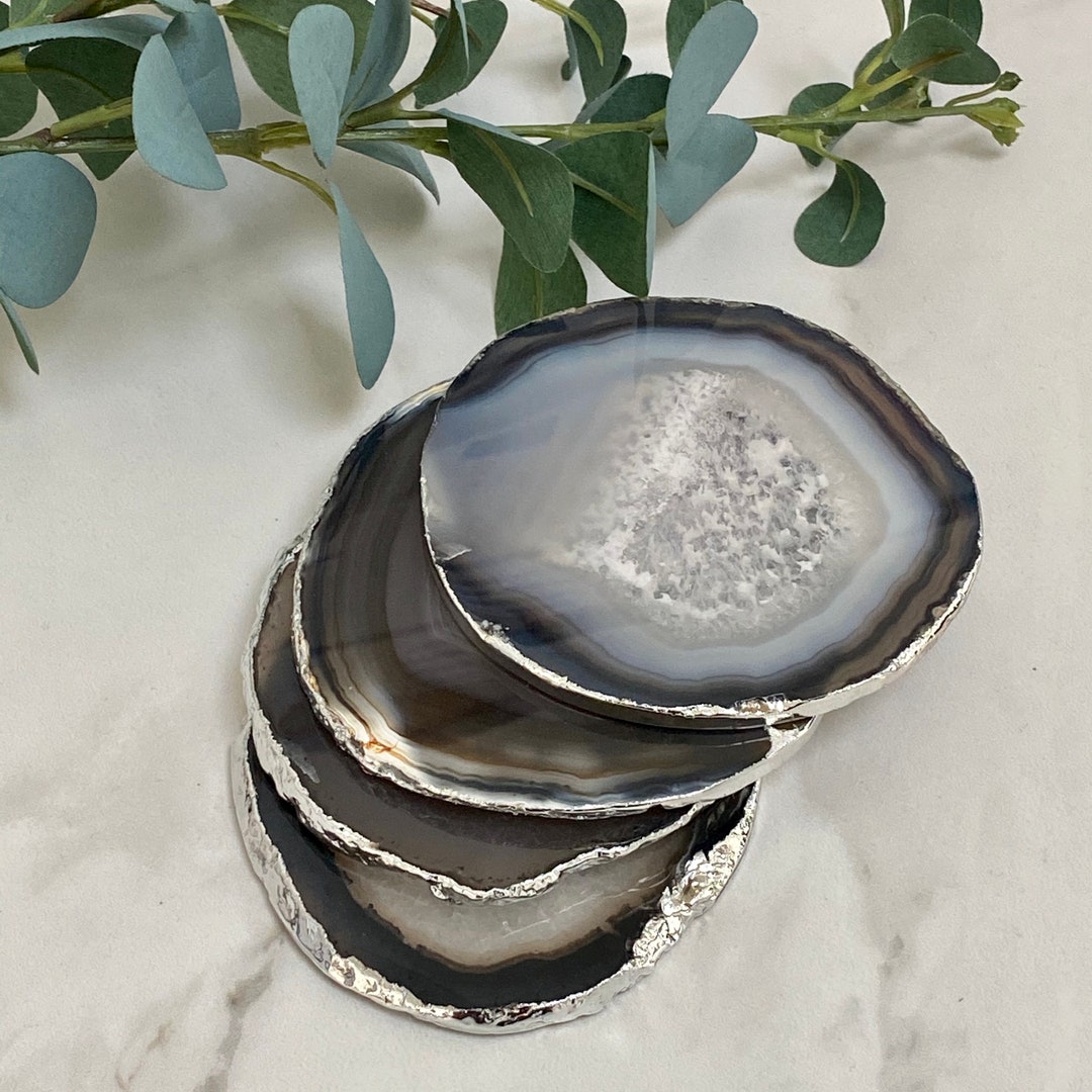 Black and Silver Agate Crystal Coasters With Glided Edge || Crystal ...