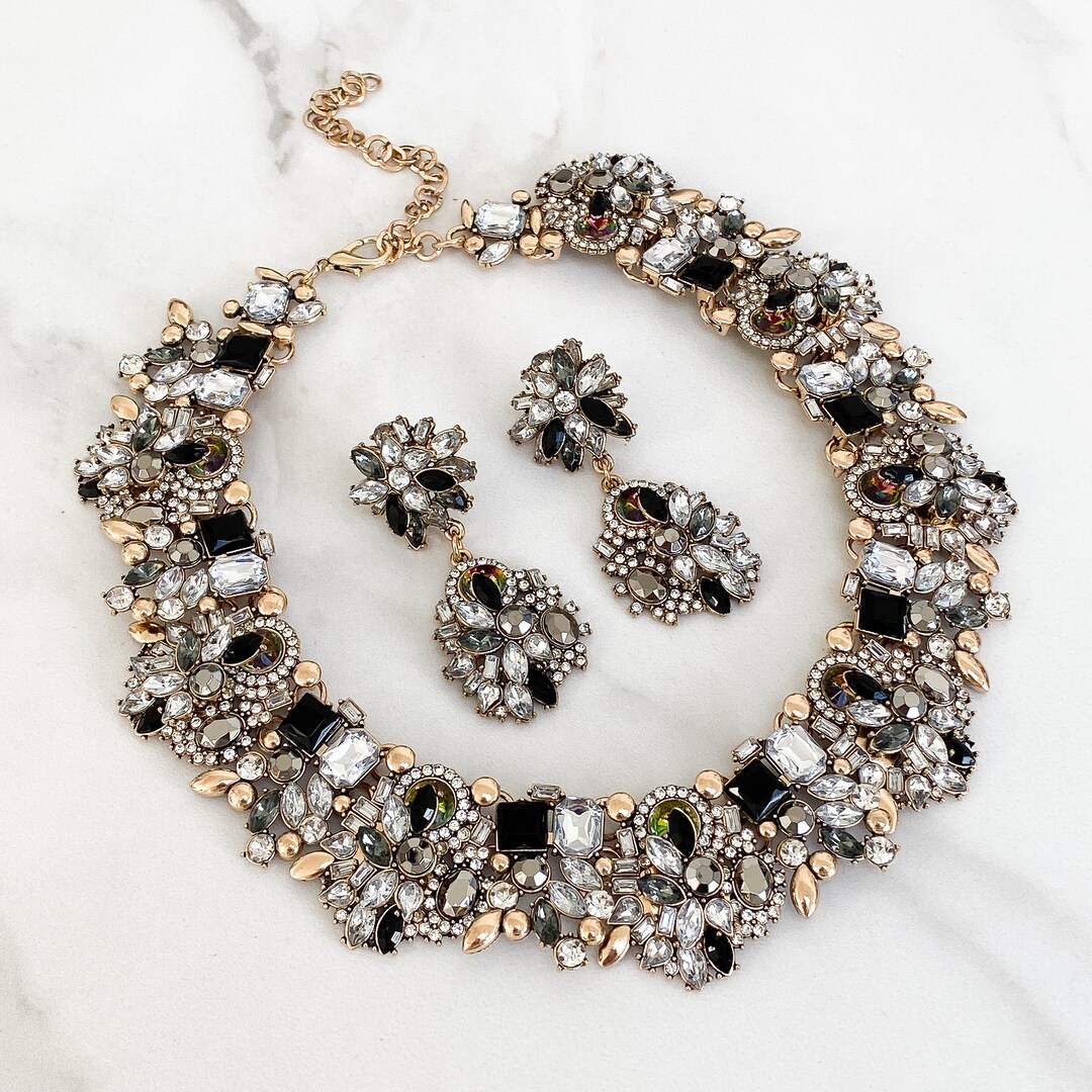 Black & Gold Rhinestone Necklace and Earring Jewellery Set ...