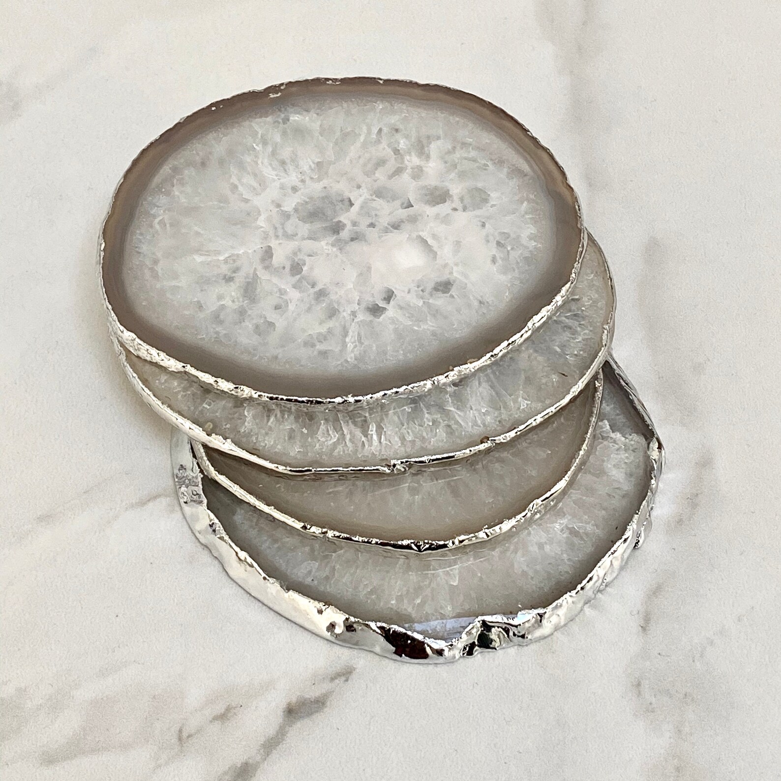 Natural White Agate Crystal Coasters With Silver Glided Edge ...