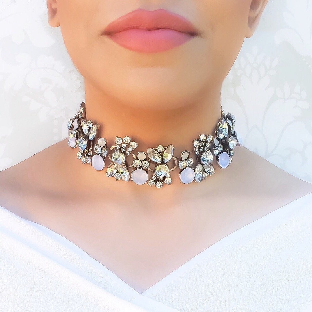 White & Gold Statement Choker Necklace | Rhinestone Choker Necklace ...