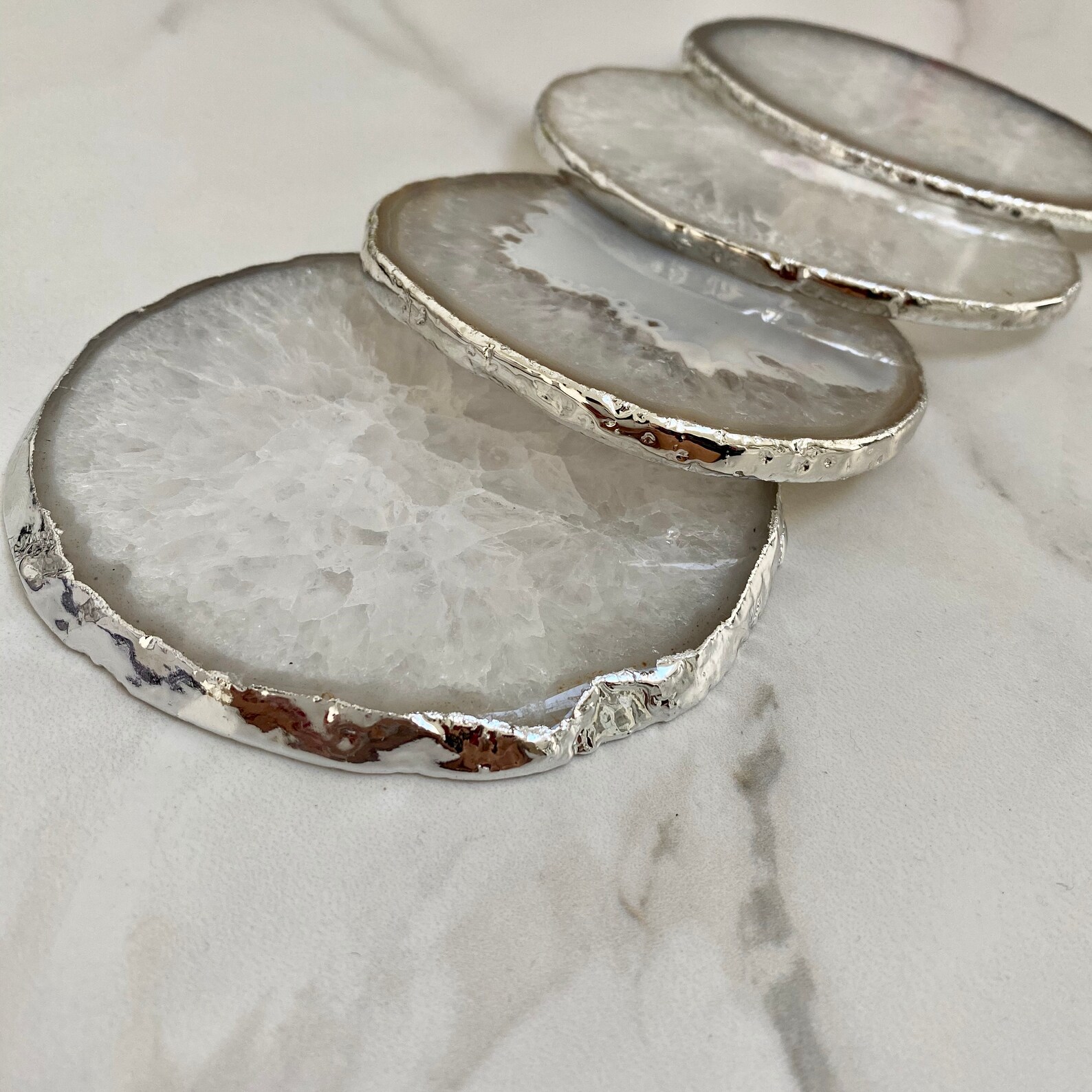 Natural White Agate Crystal Coasters With Silver Glided Edge ...