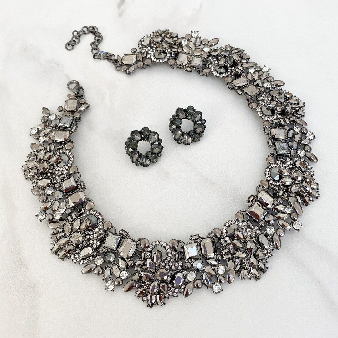 Graphite Grey Necklace & Earring Set Embellished Statement - Etsy