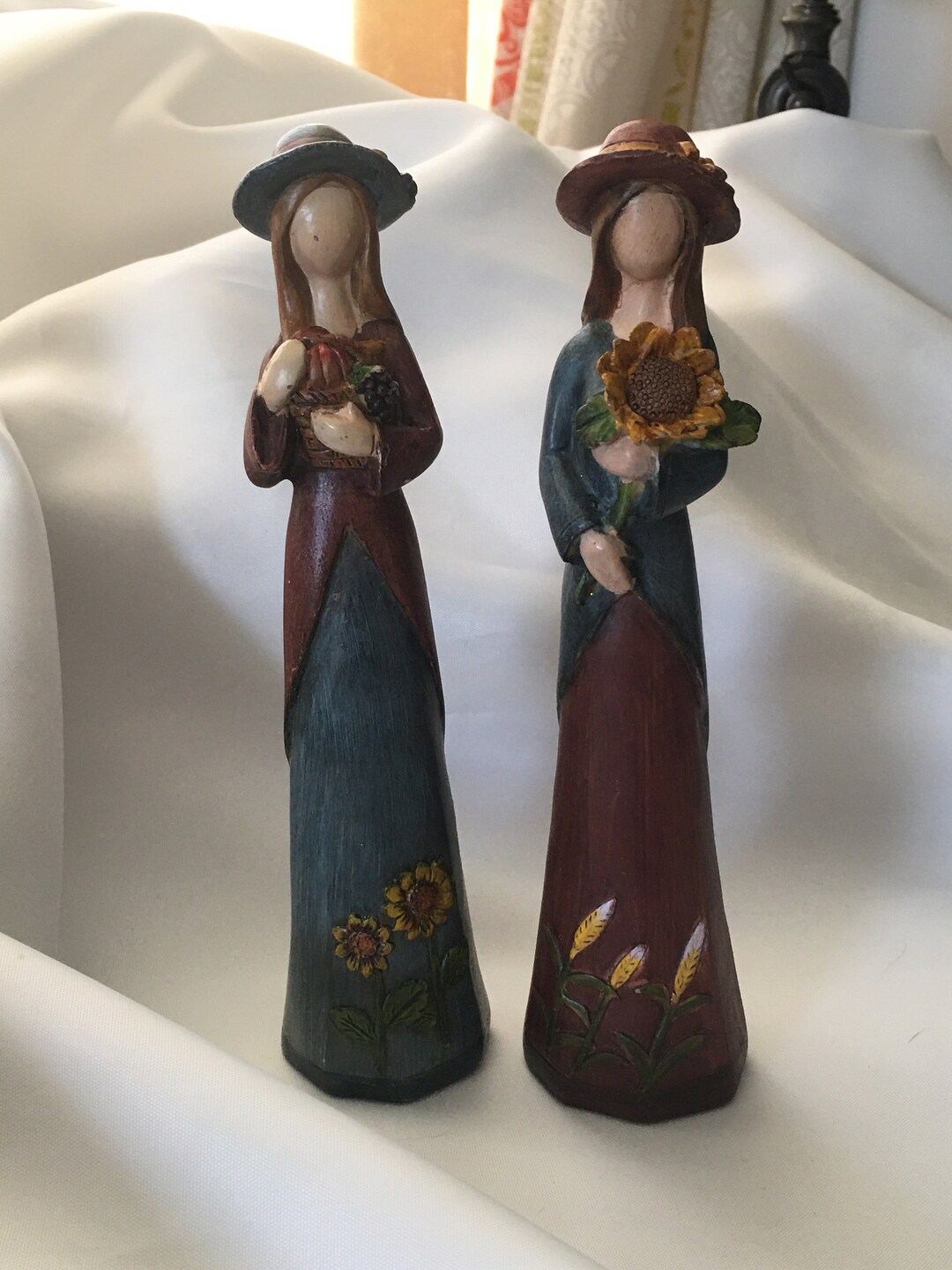 Vintage Hand Carved "fall Harvest" Lady Figurines With Sunflowers - Etsy