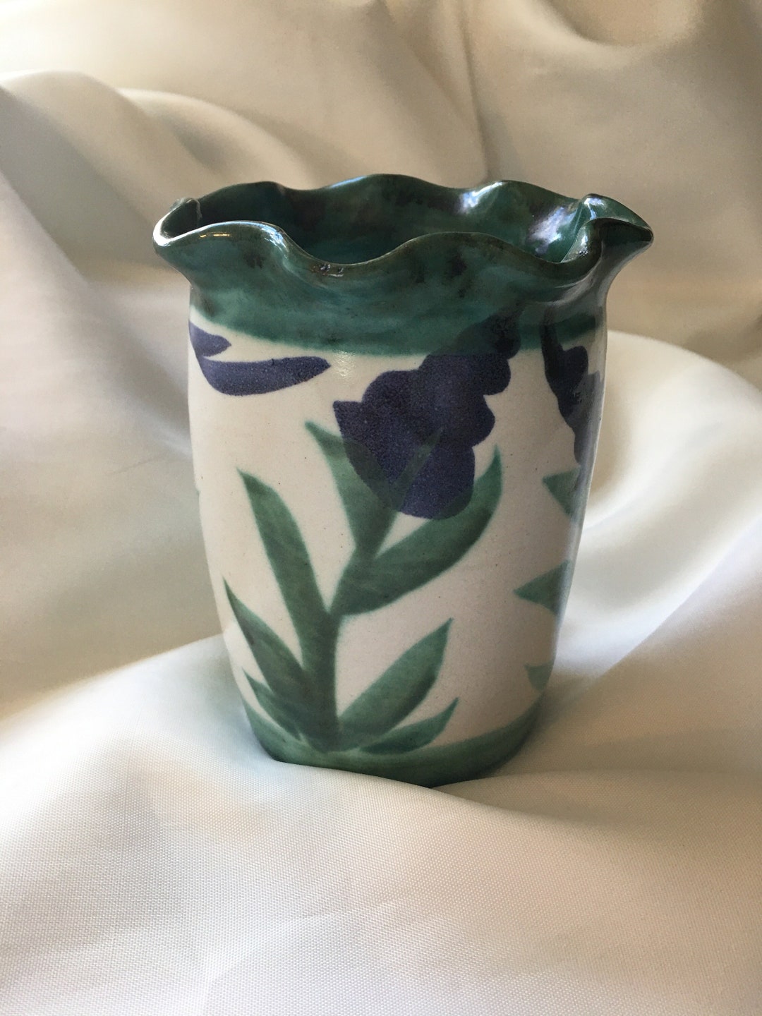 Signed Alex Majeski Pottery Bud Vase: Hand-painted Floral, Scalloped ...