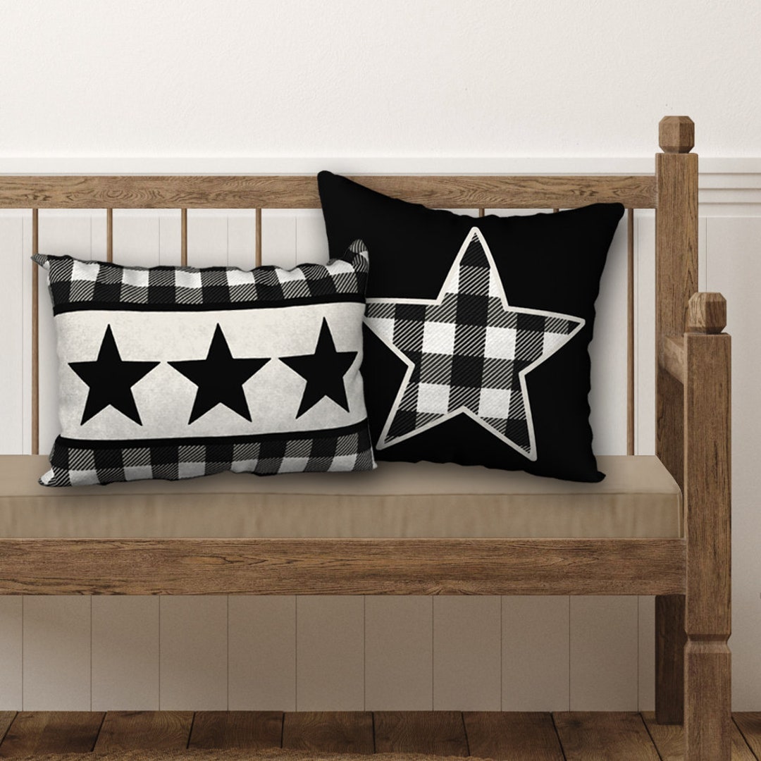 Set of 2 Black & White Buffalo Plaid With Stars Designer Pillows ...
