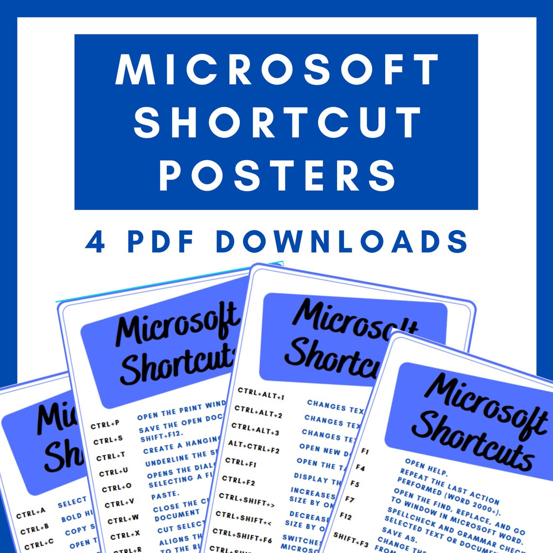 Microsoft Shortcut Posters - PDF Download - 4 Full Sized Pages - Office ...