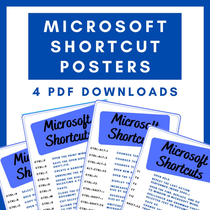 Microsoft Shortcut Posters - PDF Download - 4 Full Sized Pages - Office ...