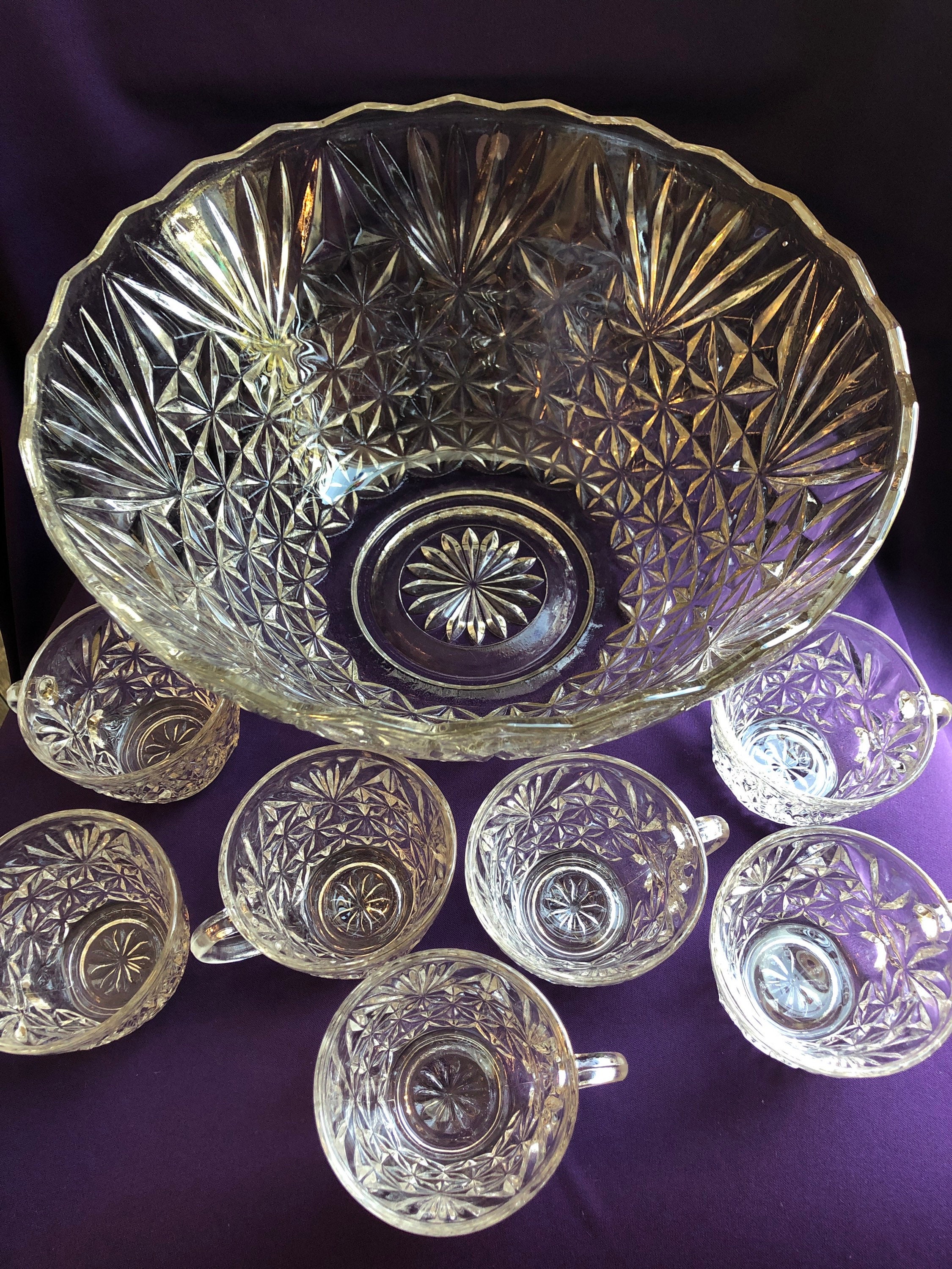 Vintage Clear Glass Punch Bowl With 7 Punch Cups | Etsy