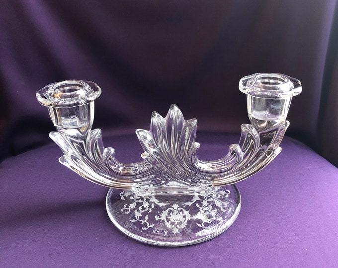 Vintage Clear Double Candlestick Holder With Etched Base - Etsy