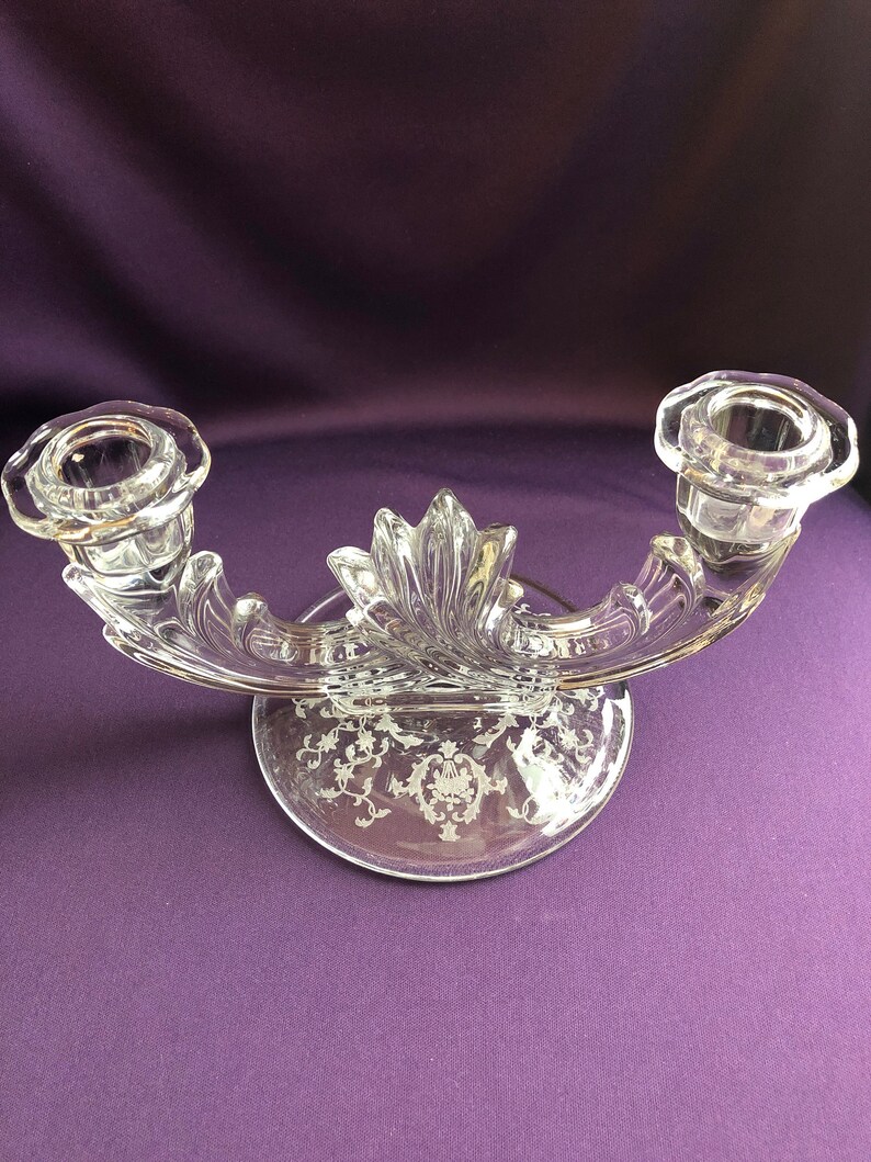 Vintage Clear Double Candlestick Holder With Etched Base | Etsy