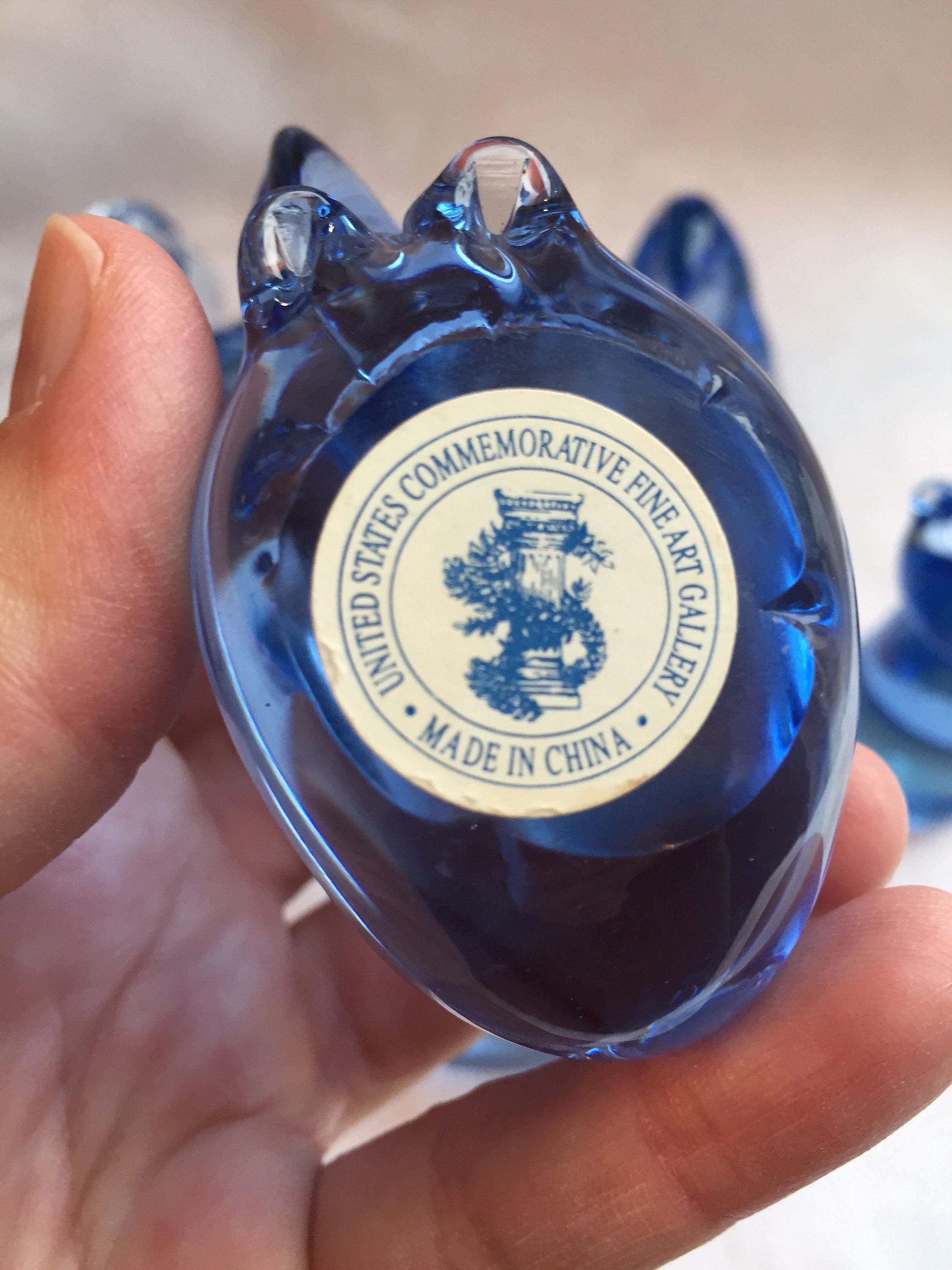 Vintage set of five blue glass commemorative paperweights | Etsy