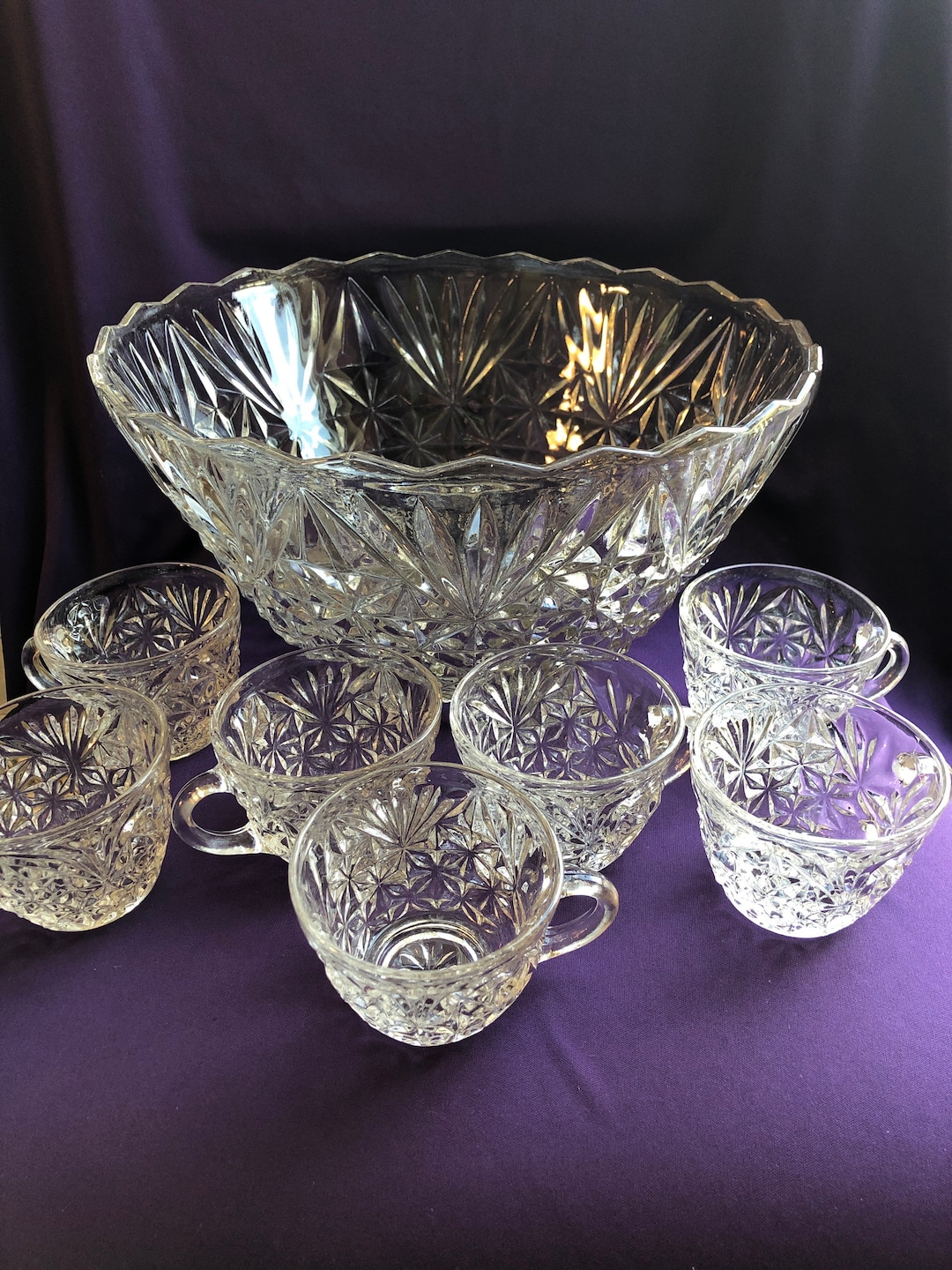 Vintage Clear Glass Punch Bowl With 7 Punch Cups - Etsy