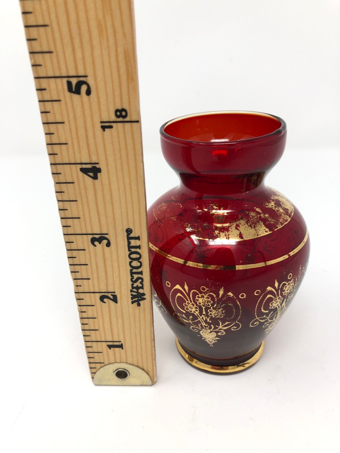 Vintage ruby red glass small vase with gold trim gold worn | Etsy