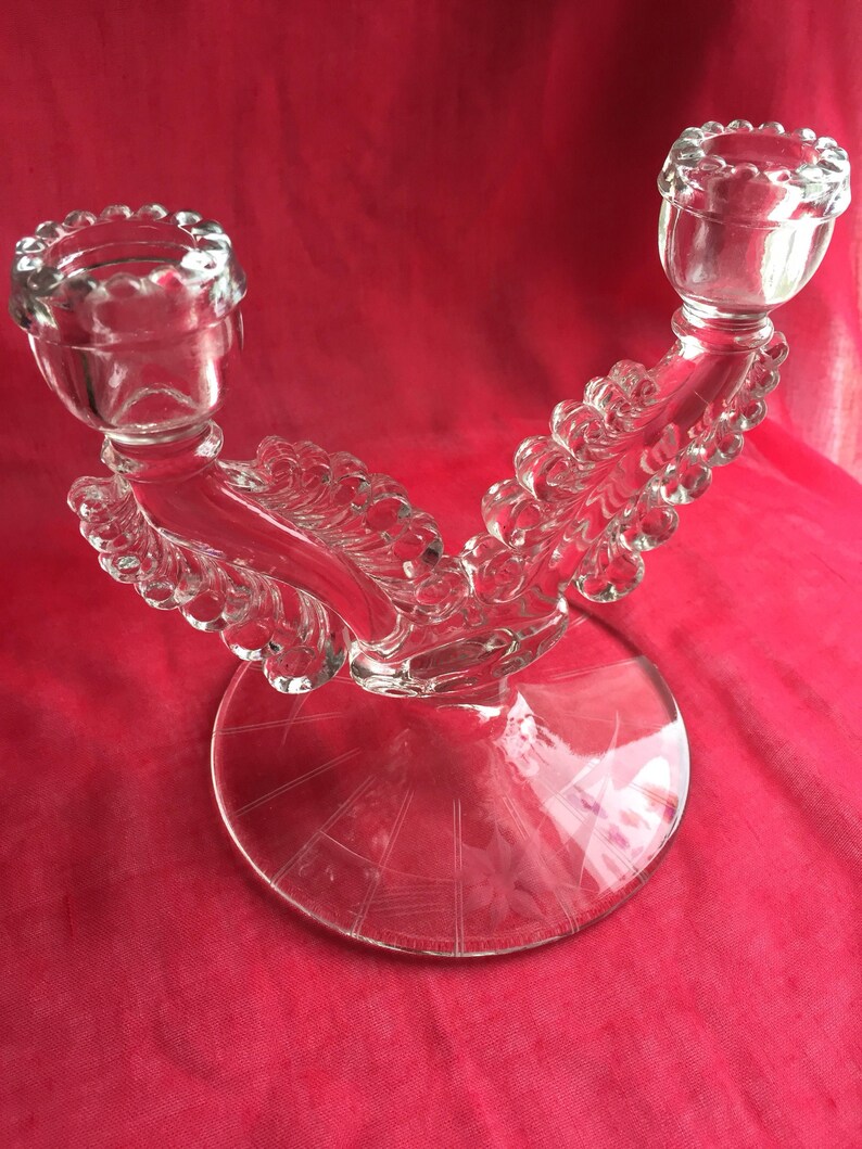 Vintage Clear Double Candlestick Holder With Etched Base - Etsy