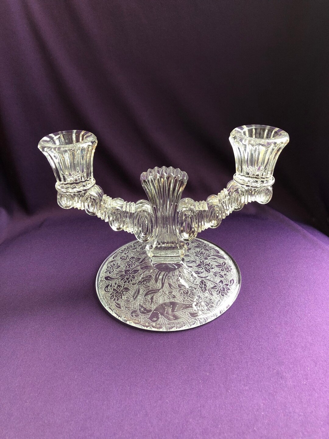 Vintage Clear Double Candlestick Holder With Etched Base - Etsy