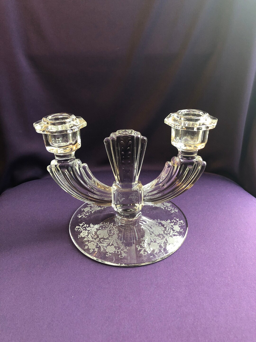 Vintage Clear Double Candlestick Holder With Etched Base - Etsy