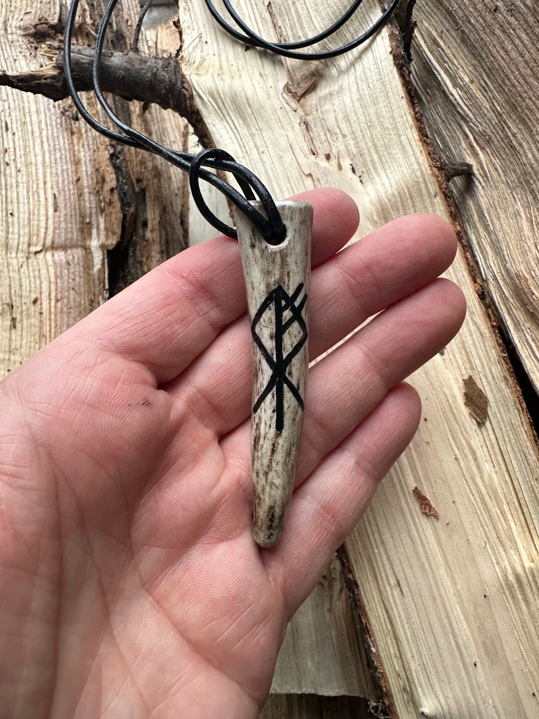 WOLF BINDRUNE Genuine Etched Real Deer Antler Nordic Rune Pendant ...