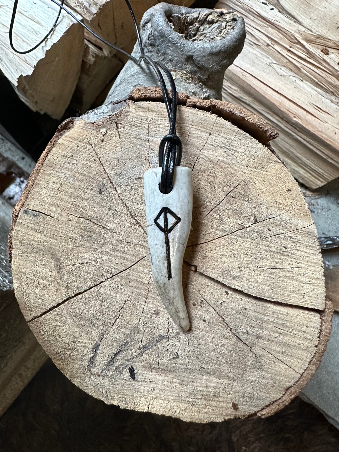 Genuine Etched Real Deer Antler Nordic Rune Pendant Necklace Protection ...