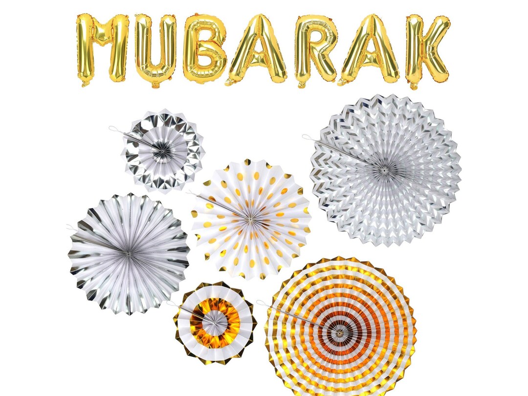 Gold Mubarak Foil Balloons Set of 6 Gold & Silver Concertina Fan ...