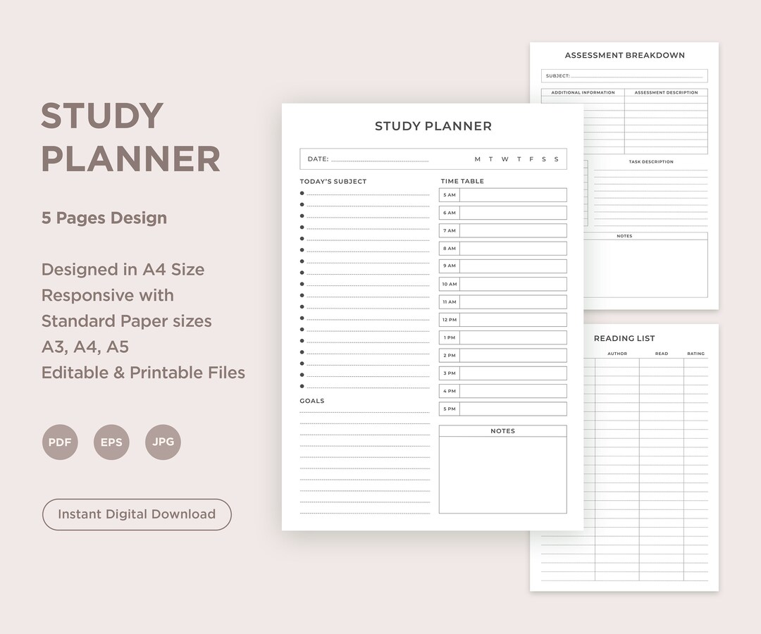 Study Planning Pages, Planner Sheets, 5 Different Layout, Responsive ...