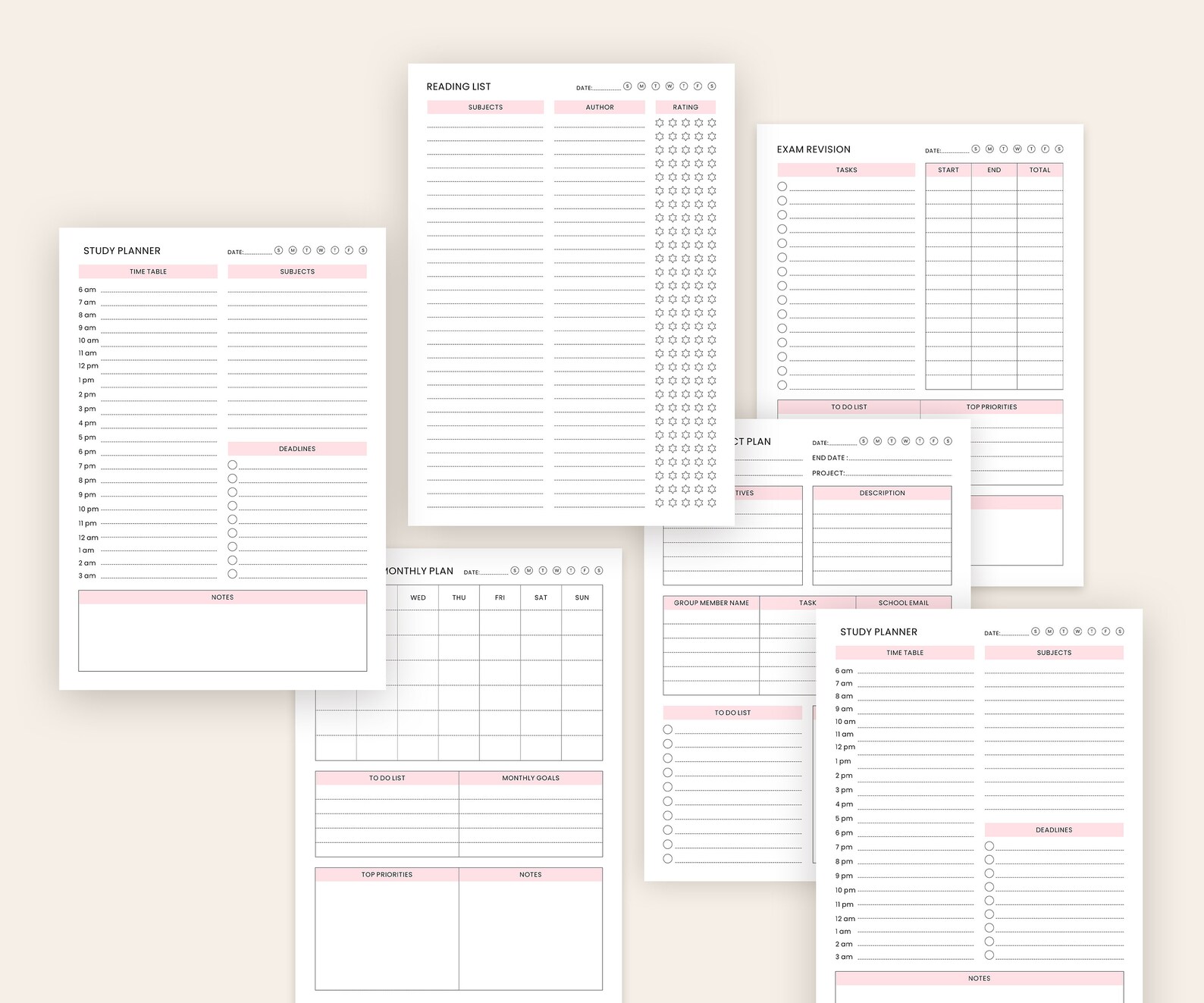 Study Planning Pages, Planner Sheets, 5 Different Layout, Responsive ...