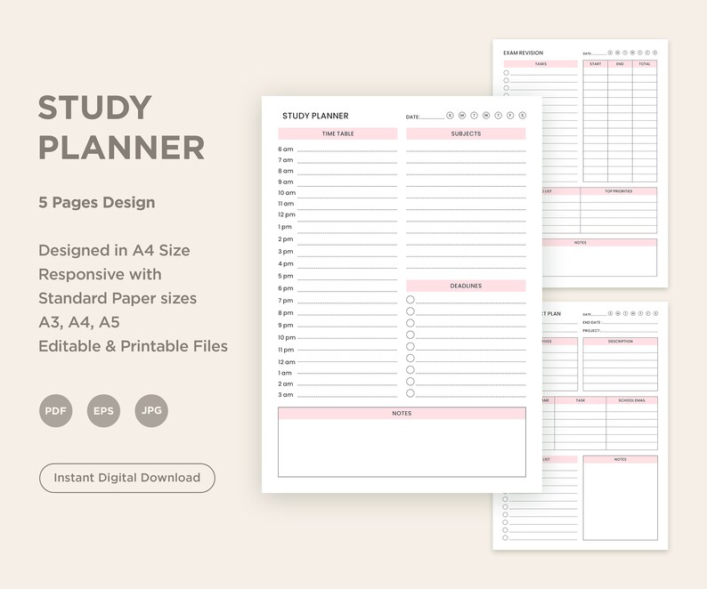 Study Planning Pages, Planner Sheets, 5 Different Layout, Responsive ...