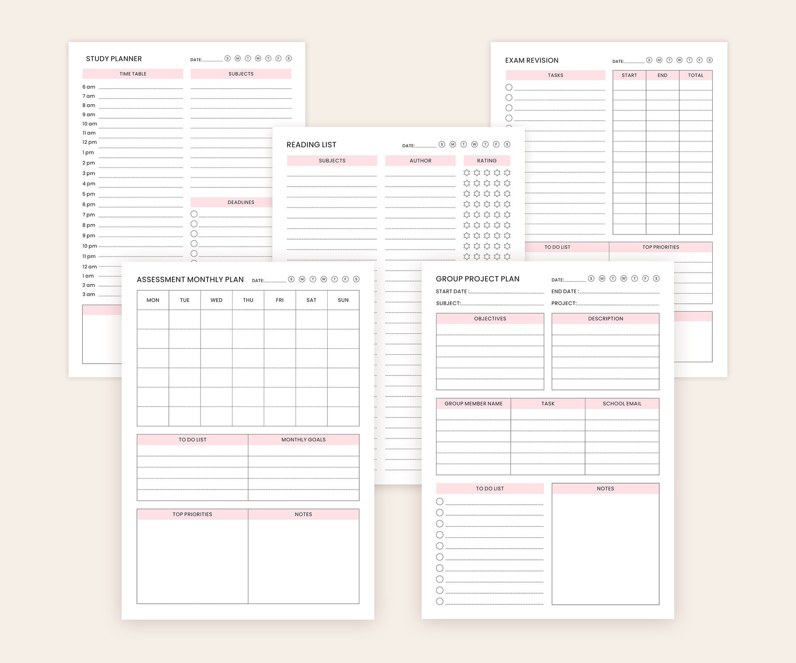 Study Planning Pages, Planner Sheets, 5 Different Layout, Responsive ...