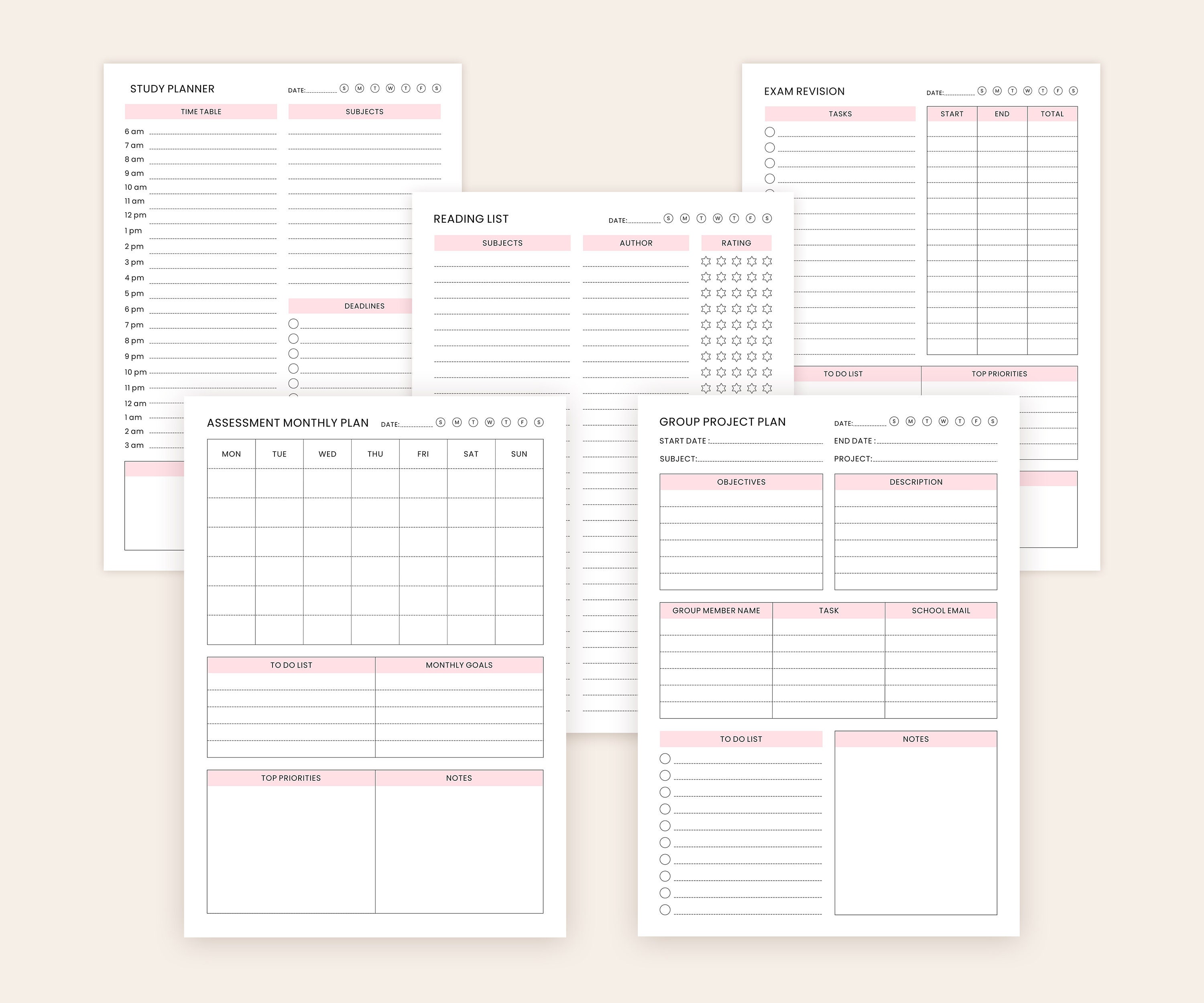 Study Planning Pages, Planner Sheets, 5 Different Layout, Responsive ...