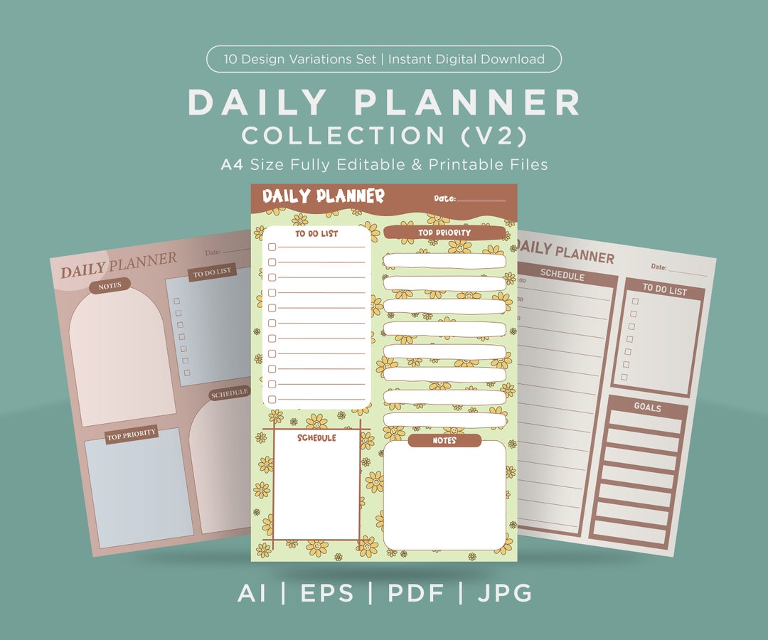 Daily Planner Sheet A4 With 10 Different Colorful Design Layout ...
