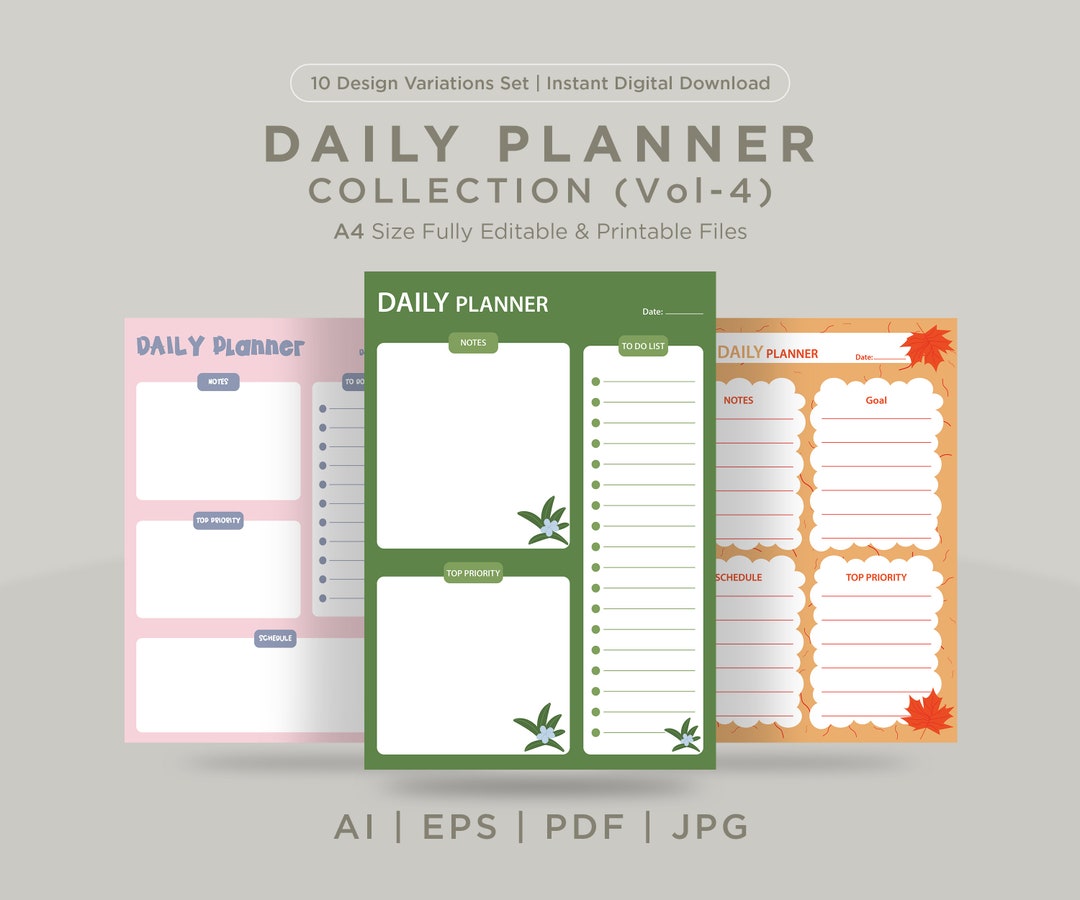 Daily Planner Sheet A4 With 10 Different Colorful Design Layout ...
