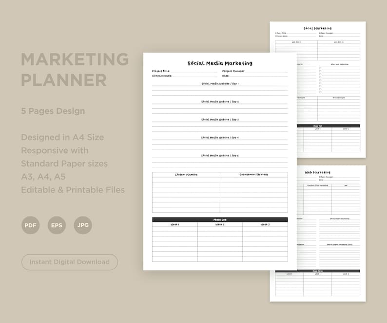 Marketing Planning Pages, Planner Sheets, 5 Pages Set, Responsive ...
