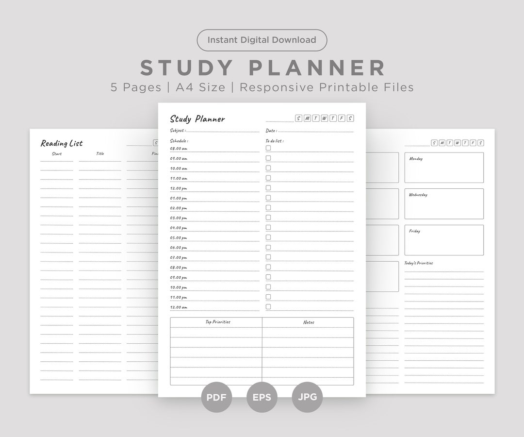 Study Planning Pages, Planner Sheets, 5 Different Layout, Responsive ...