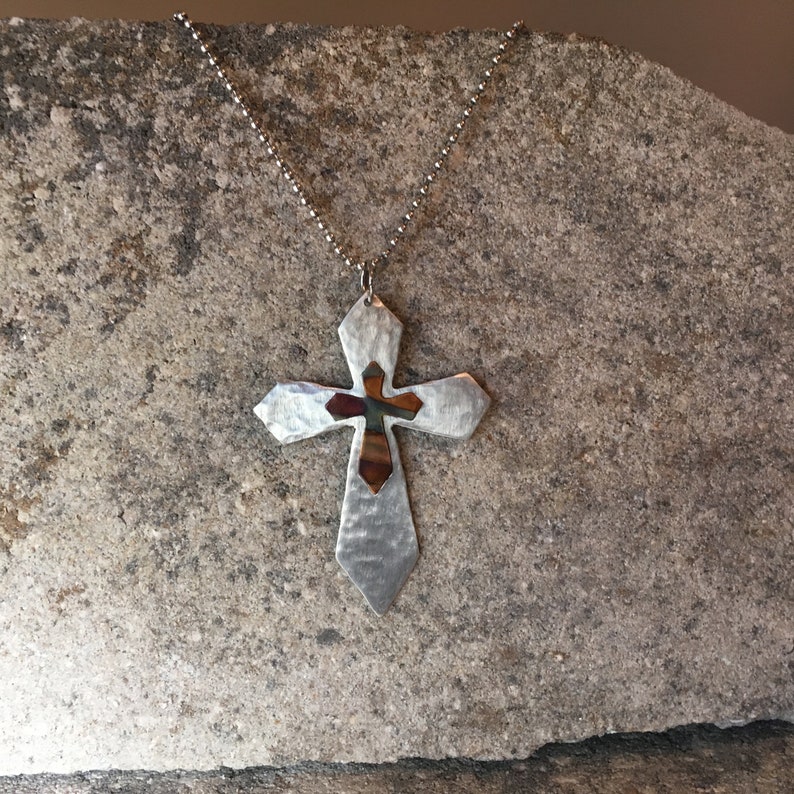 Very UNUSUAL Hammered PEWTER CROSS With Flame Painted Copper Cross on ...