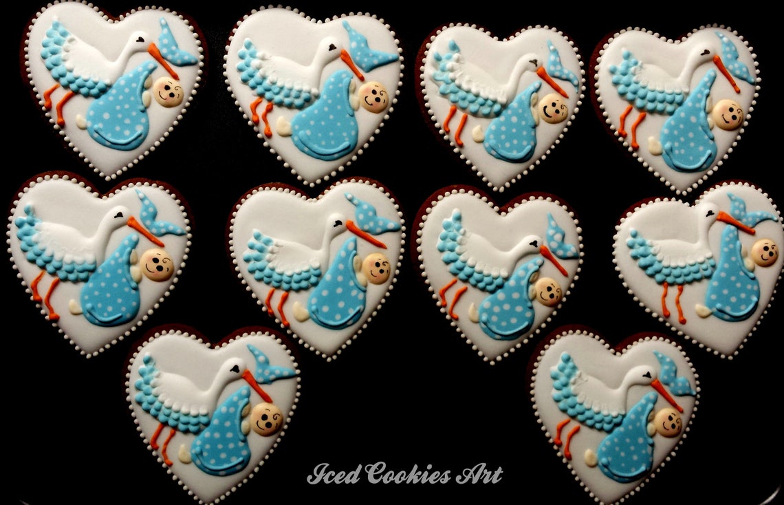 10 Homemade Gingerbread Stork Cookies Decorated With Royal Icing Sugar ...