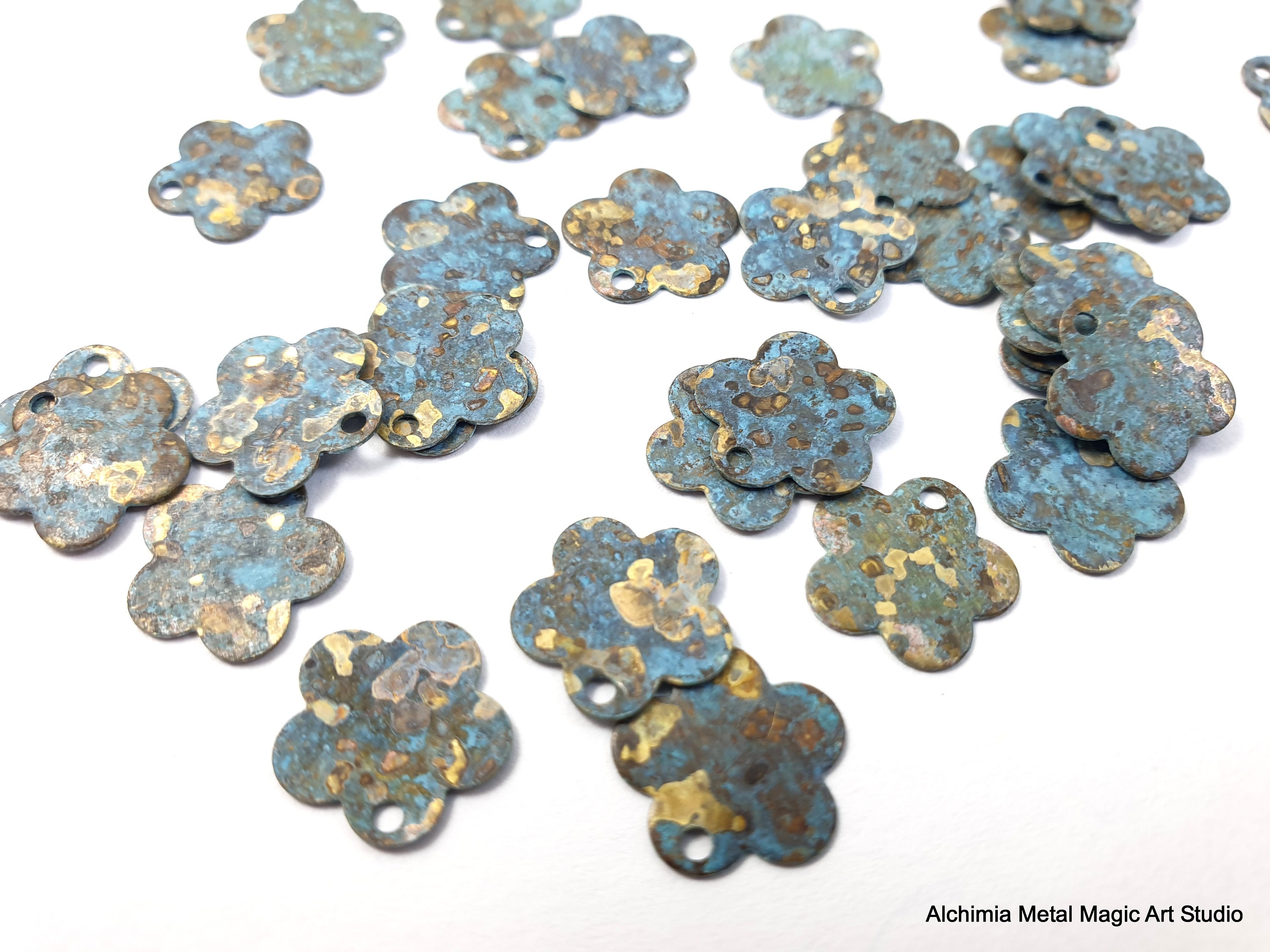 10ps Flower Charm Raw Brass Blank Verdigris Black Patina for Jewelry ...