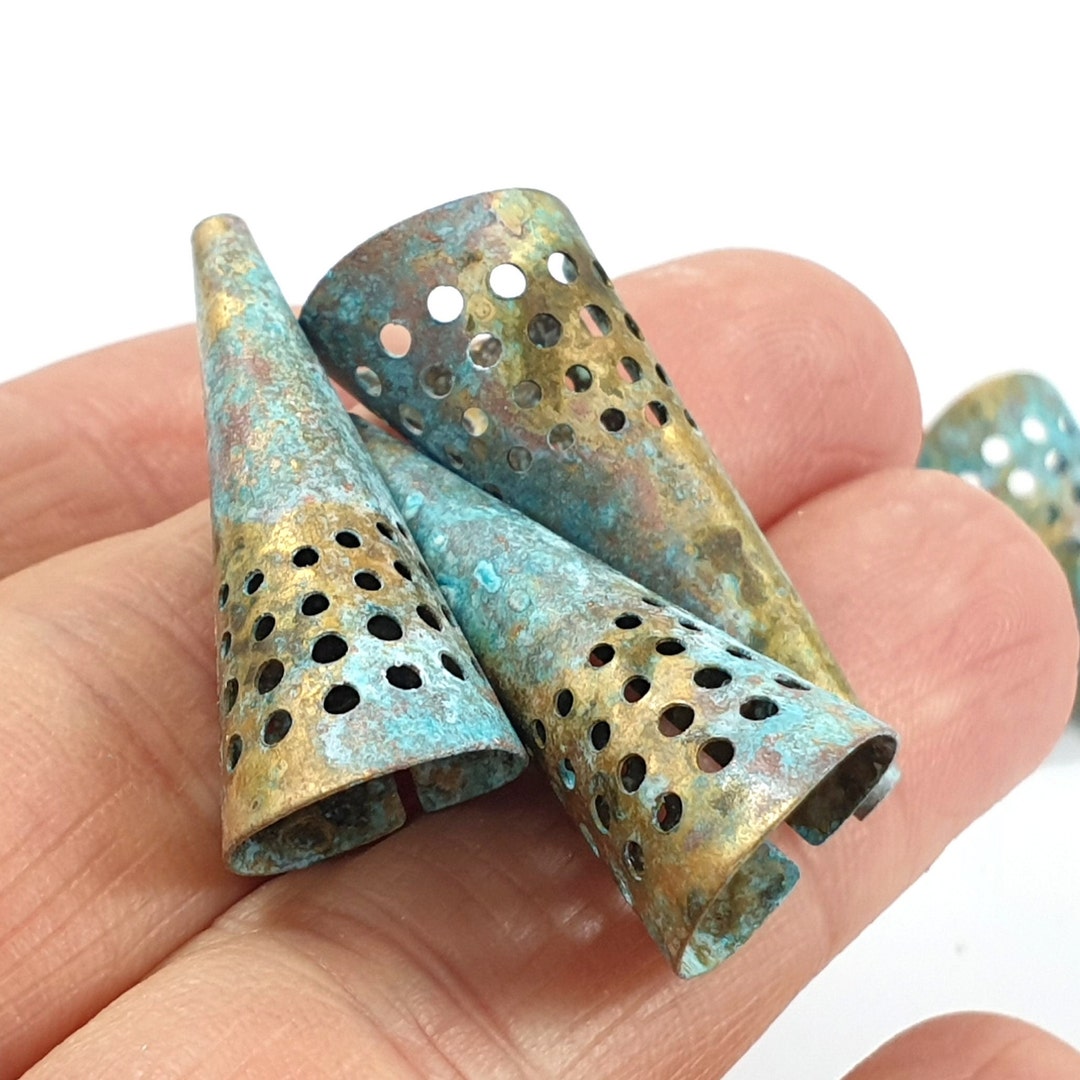 8ps Large Tassel Cone Caps Brass Beads Verdigris Aged Rustic Blue ...